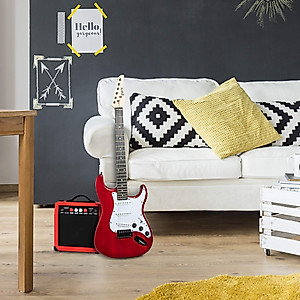 LyxPro 39 inch Electric Guitar Kit Bundle with 20w Amplifier, All Accessories, Digital Clip On Tuner, Six Strings, Two Picks, Tremolo Bar, Shoulder Strap, Case Bag Starter kit Full Size - Red