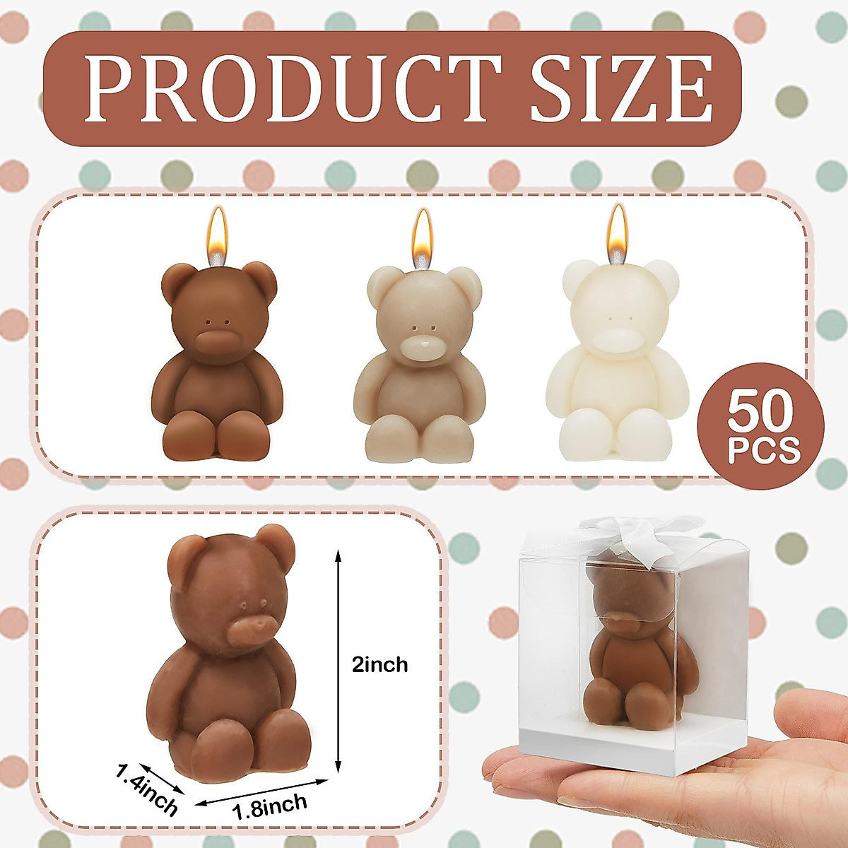 Dansib 50 Pcs Bear Baby Shower Candle Favors Bear Baby Shower Favors for Guest Bear Party Favors Baby Shower Candles Bulk for Gifts Favors Bear Party Favors Decorations (Light Brown, White, Brown)