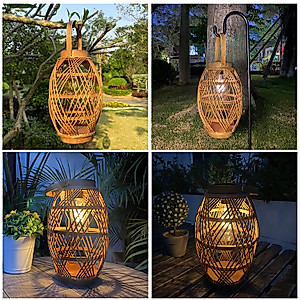 pearlstar Solar Lanterns Outdoor Waterproof - Rattan Natural Lantern with Handle for Hanging or Table Lanterns Edison Bulb, Auto On/Off for Patio Yard Garden Wedding Home Decoration(1 Pack Bronze)