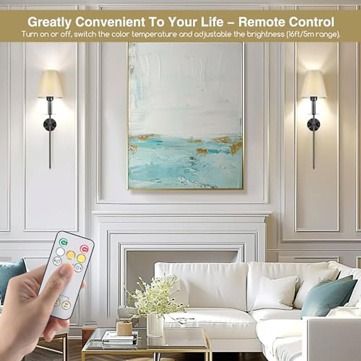 LAMPYLIFE Battery Operated Wall Sconce Set of 2 Two, Wireless Wall Sconces with Remote and Dimmable Detachable Bulbs, Rechargeable Battery Sconces Wall Decor for Bedroom Living Room Hallway (Black)