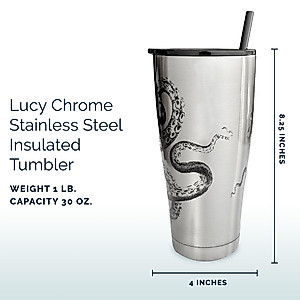 Caskata Lucy the Octopus Stainless Steel Insulated Tumbler | Cup, Lid & Straw Set for Travel, Commuting, & School | Perfect for Birthday, Christmas & Holiday Gifts | Black on Chrome Color | 30 oz