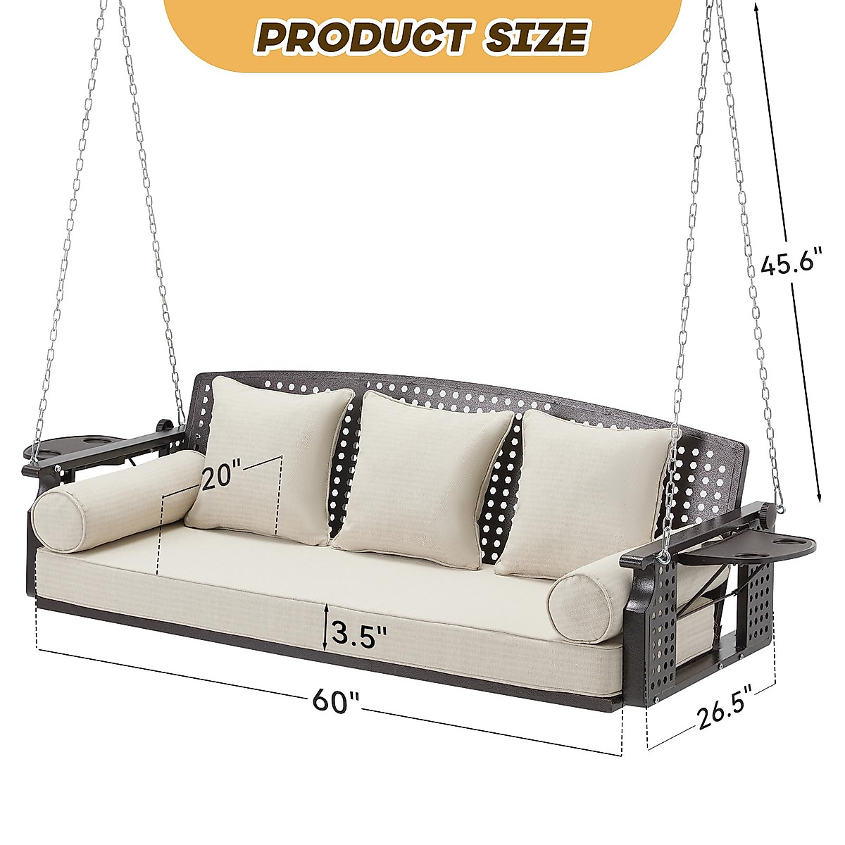 Yalissey 3 Seat Hanging Porch Swing, Patio Swing Bench with Tea Trays & 3 Back Cushions, Swing Chair with Chains for Deck Garden Backyard (Beige)