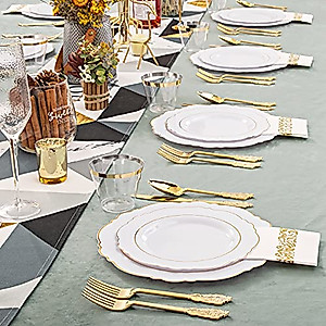 WDF 50Guest Gold Plastic Plates - Disposable White and Gold Plastic Plates include 100Plates, 150Gold Plastic Silverware, 50Cups, 50Napkins Plates for Wedding&Parties