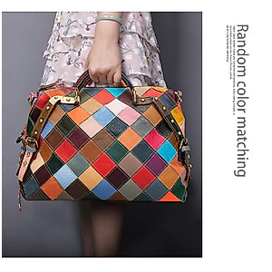 RainboSee Women Random Multicolor Handbag Genuine Leather Cube Splicing Shoulder Satchels