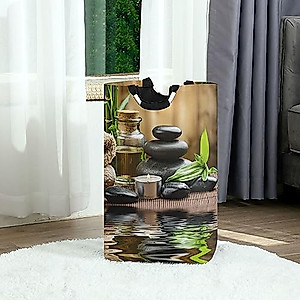 Flradish Zen Basalt Stones on Wood Large Laundry Hamper Collapsible Waterproof Freestanding Laundry Basket with Handles for Laundry Living Room,Bathroom