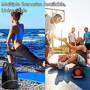 ZIXKUB Drawstring Backpack Gymbag Water Resistant Sports Sackpack with Zipper/Shoe Compartment/Wet Pocket/Mesh Pockets Gym Sack for Women Men Lightweight String Bag for Travel Soccer Swim, Black