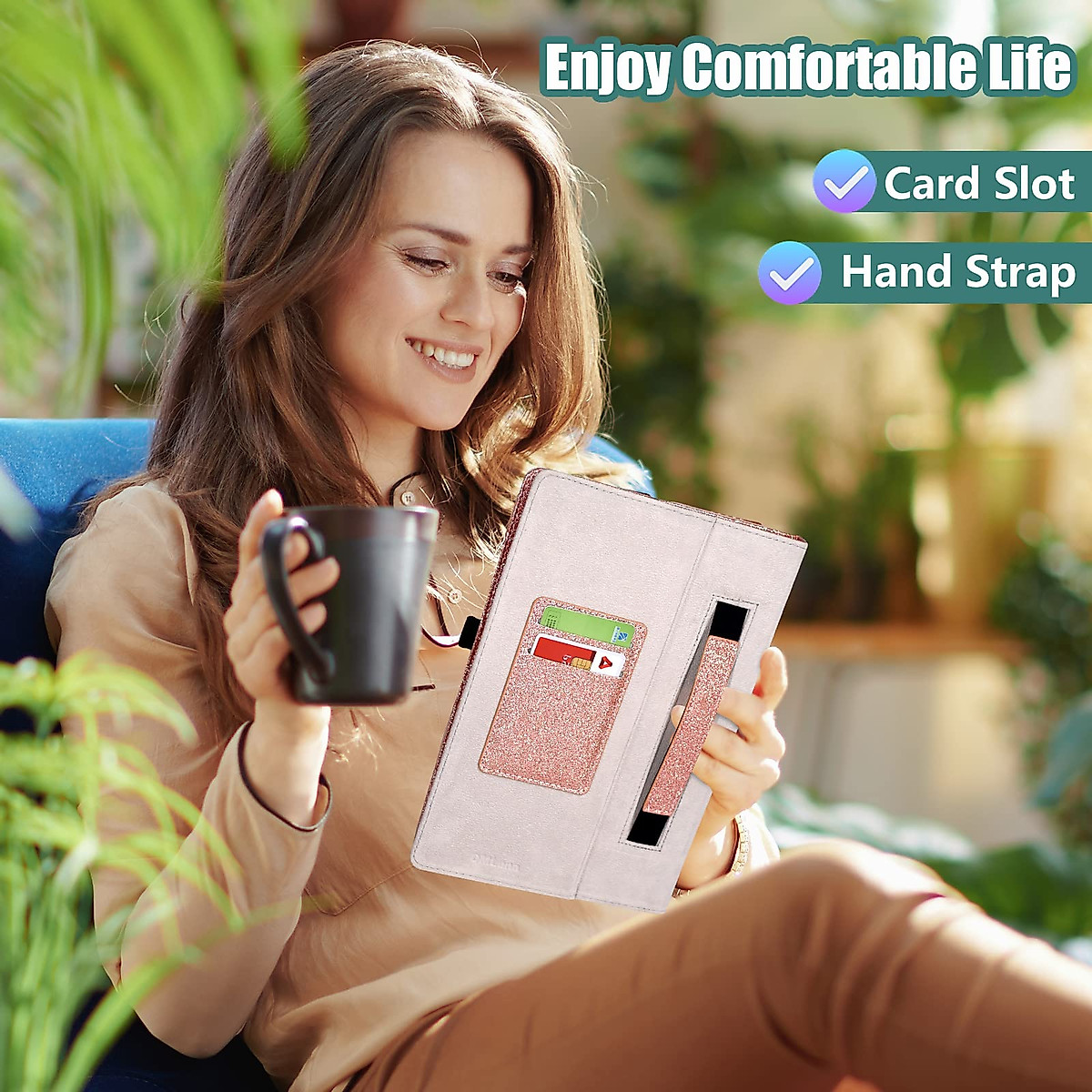 DMLuna Case for Samsung Galaxy Tab A8 10.5 Inch 2022 SM-X200/X205/X207, Slim PU Leather Smart Protective Cover Folio, with Folding Stand, Auto Wake/Sleep, Hand Strap, Card Slots, Glitter Rose