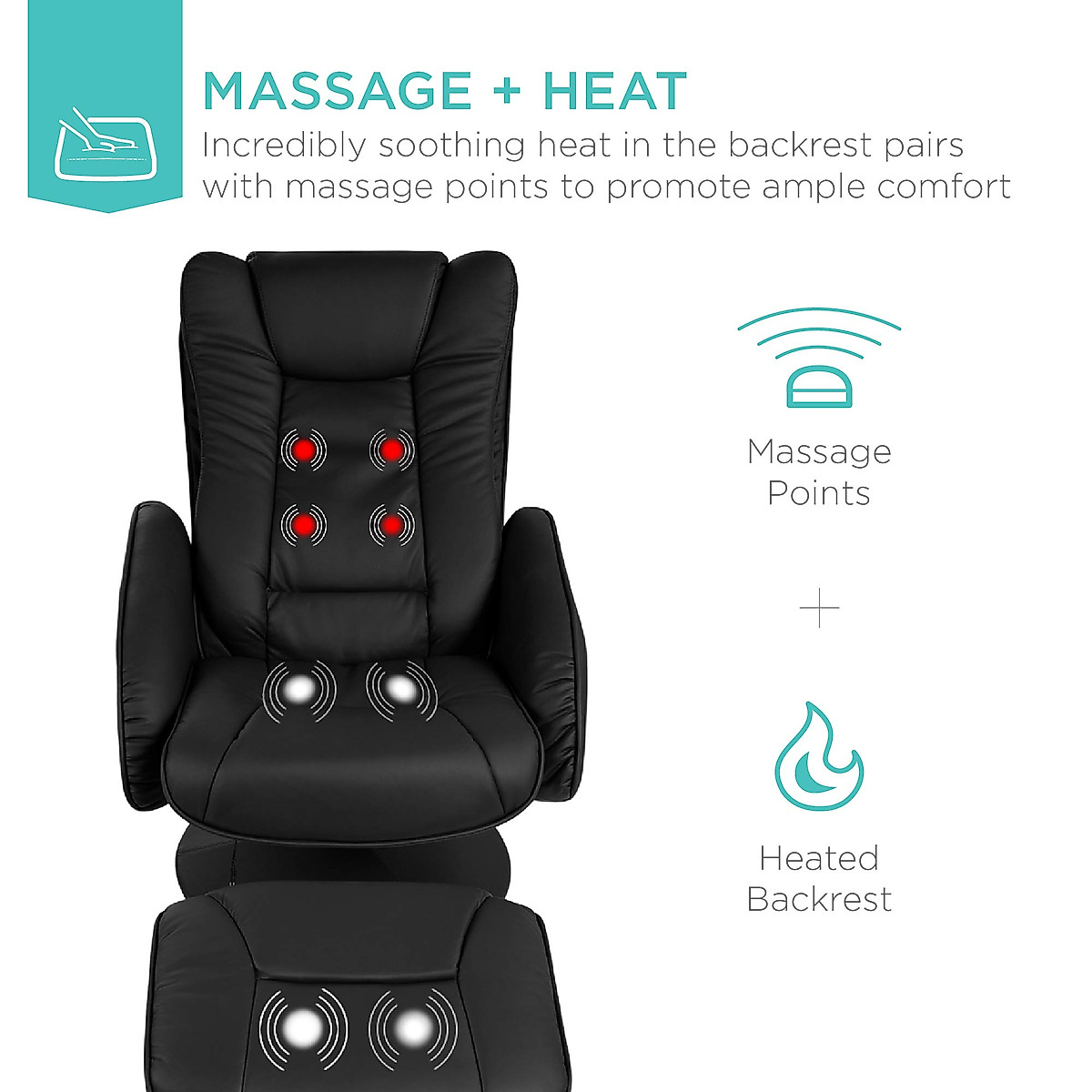 Best Choice Products Faux Leather Electric Massage Recliner w/Stool Footrest Ottoman, Remote Control, 5 Heat & Massage Modes, Side Pockets - Black
