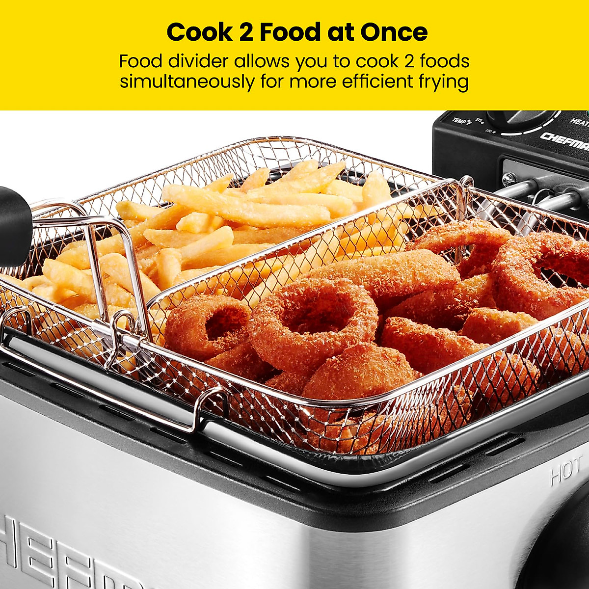 Chefman 4.5L Dual Cook Pro Deep Fryer with Basket Strainer and Removable Divider, Jumbo XL Size, Adjustable Temp & Timer, Perfect for Chicken, Fries, Chips and More, Easy to Clean, Stainless Steel