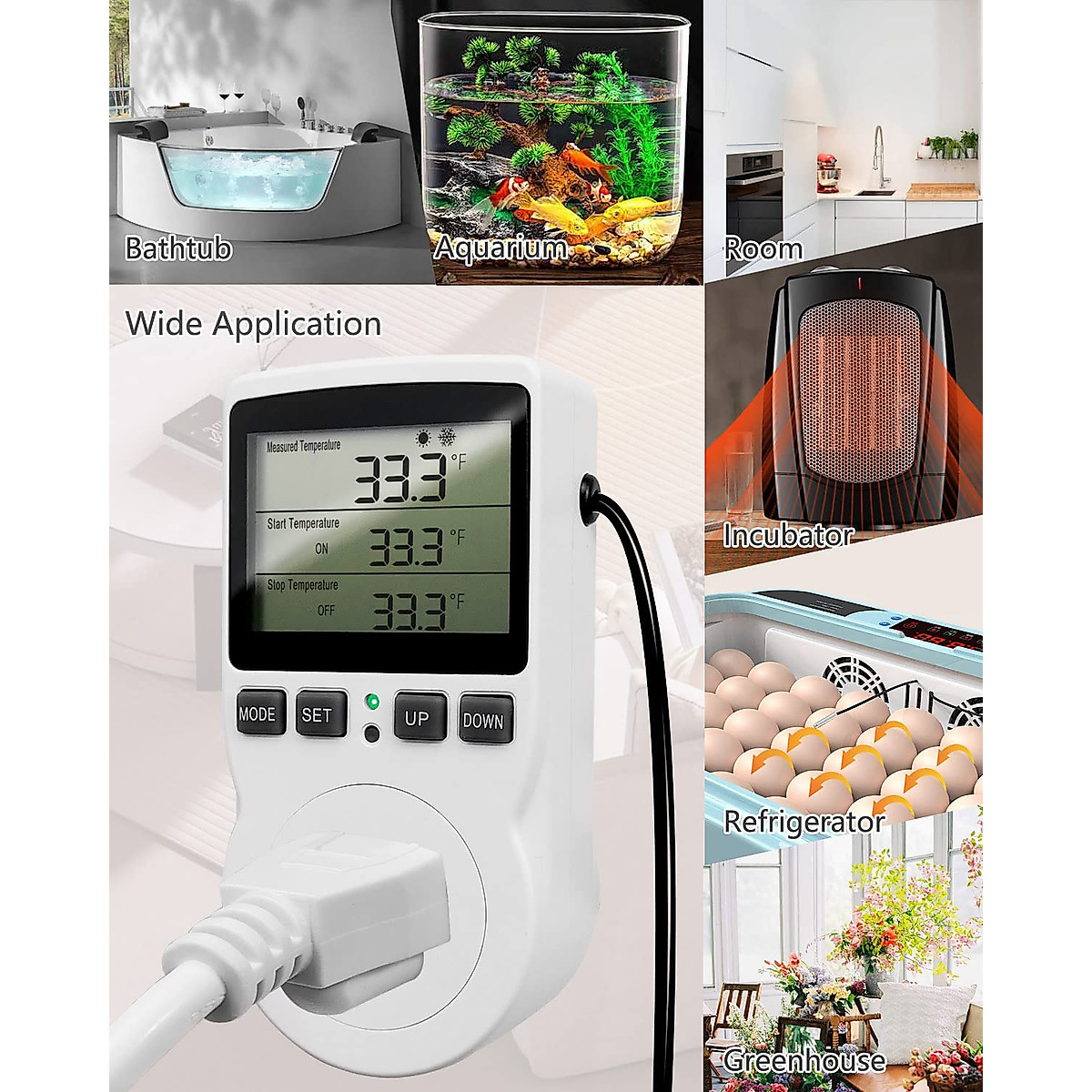 Digital Temperature Controller Outlet, 120V Electric Thermostat Outlet Plug with Timer Heating Cooling Control 110V for Reptile Terrarium Greenhouse Refrigerator