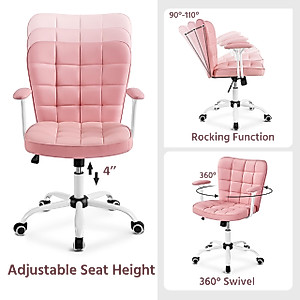Yaheetech Mid Back Faux Leather Office Chair Adjustable Tilting Vanity Chair Modern Upholstered Desk Chair Task Chair with Detachable Padded Armrests for Home/Office,Pink