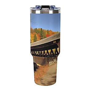 ADASGHBY Large Capacity Car Cup with Straw Lid Albany Covered Bridge Leakproof Insulated Stainless Steel Tumbler Fits in Car Cup Holder