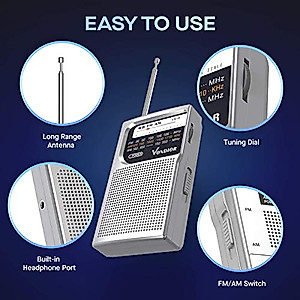 NOAA Weather Radio - Emergency NOAA/AM/FM Battery Operated Portable Radio with Best Reception and Longest Lasting Transistor. Powered by 2 AA Battery with Mono Headphone Socket, by Vondior (Silver)