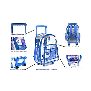 K-Cliffs Rolling Clear Backpack Heavy Duty Bookbag Quality See Through Workbag Travel Daypack Transparent School Book Bags with Wheels Royal Blue