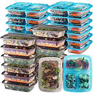 Food Storage Containers With Lids - (24 Pack-32 Oz) 12- 3 Compartment Meal Prep Containers Reusable Or Disposable & 12- Single Food Storage Bento Boxes, Bpa Free, Microwave, Freezer, Dishwasher Safe