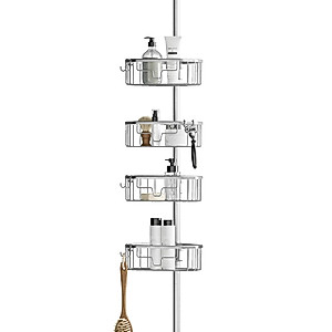 Zenna Home Tension Pole Shower Caddy with 4 Shelves and Hooks, Satin Chrome, 60-108 Inch – Rustproof Standing Corner Shower Organizer Shelf – Sturdy Adjustable Shower Rack for Bathroom Essentials