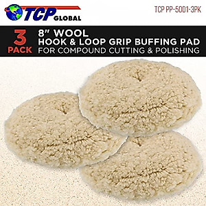 TCP Global -(Pack of 3) - 8" 100% Wool Hook & Loop Grip Buffing Pad for Compound Cutting & Polishing for Automotive, Marine and Epoxies