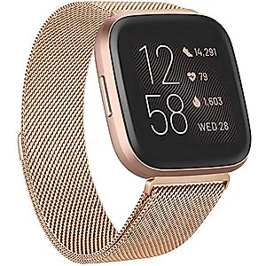 Meliya Metal Bands for Fitbit Versa 2 & Fitbit Versa & Versa Lite & Versa SE Bands, Stainless Steel Magnetic Lock Replacement Wristbands for Women Men Small Large (Small, Rose Gold)