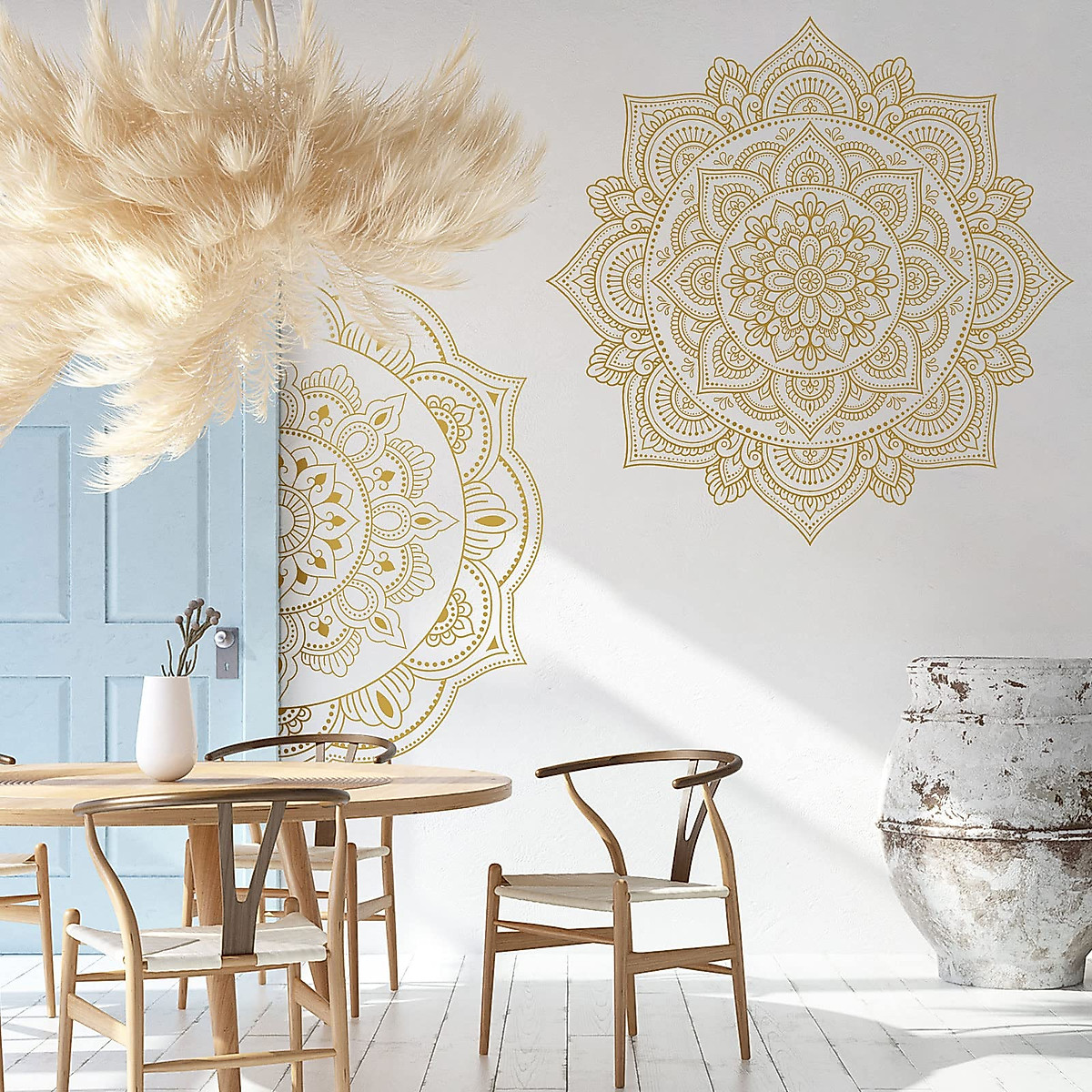4 Pcs Half Mandala Wall Decal Boho Mandala Wall Sticker Hippie Mandala Vinyl Wall Decals Flower Wall Stickers Headboard Wall Decoration Indian Namaste Flower for Bedroom Living Room Yoga (Gold)