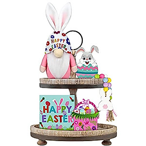 5 PCS Easter Gnome Tiered Tray Decor (Tray Not Included) - Gnomes Plush, Happy Easter Egg Mini Wood Sign, Wooden Bunny Bead Garland - Spring Easter Gift, Easter Day Party Decor for Home Kitchen