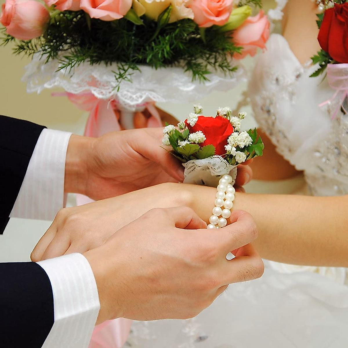 ericotry 2pcs Stretch Pearl Wrist Bands Corsages Handmade DIY Accessories for Wedding Prom Party