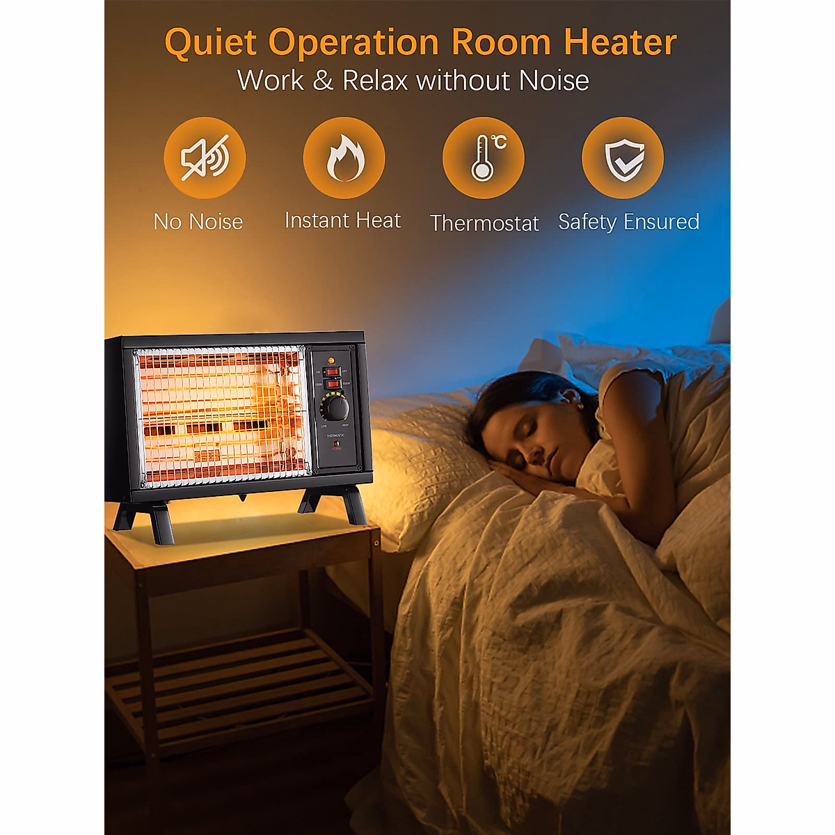 JASUN Portable Space Heater Electric Radiant Heater Fast Heating with Adjustable Thermostat, Portable Indoor Heater with Handle Quiet Energy-Saving 1250W/1500W for Office Home Garage Bedroom Black