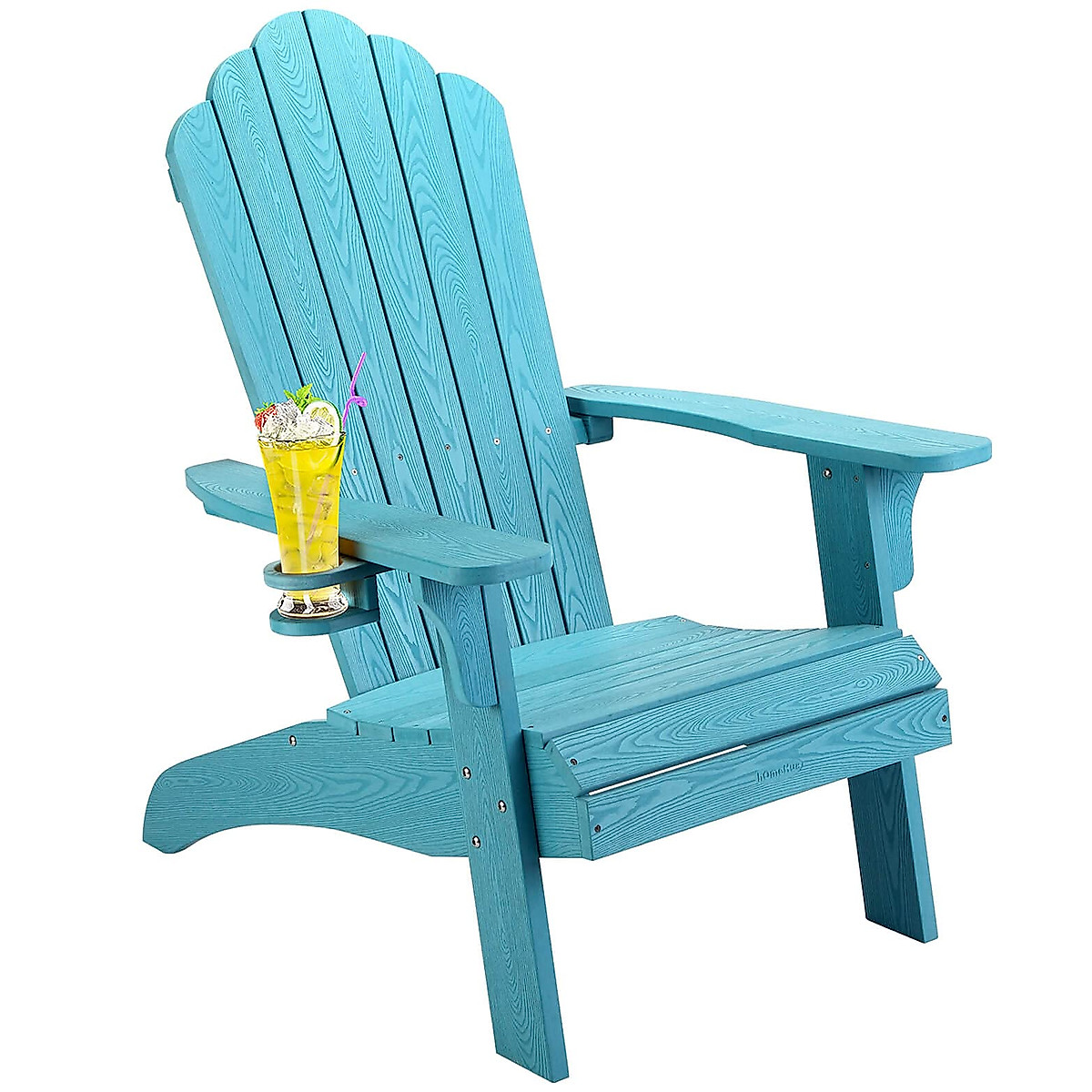 hOmeHua Oversized Plastic Weather Resistant Adirondack Chair with Cup Holder, Imitation Wood Stripes, Easy Assemble & Maintain,Outdoor Chair for Patio, Backyard Deck, Fire Pit - Lake Blue