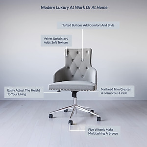 BELLEZE Modern Velvet Desk Chair for Home Office or Bedroom Vanity, Tufted Upholstered Seat with Slim Arms, Adjustable Height, Swivel, Wheels - Belden (Gray)
