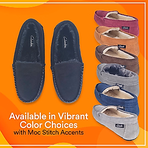 Clarks Women's Venetian Moccasin Slippers, LB0285 Suede IndoorOutdoor Close Back SlipOns with Faux Fur Lining & Gripped TPR Outsole Ladies Cozy Loafers for Driving Lounging & More, Cognac, 8.5