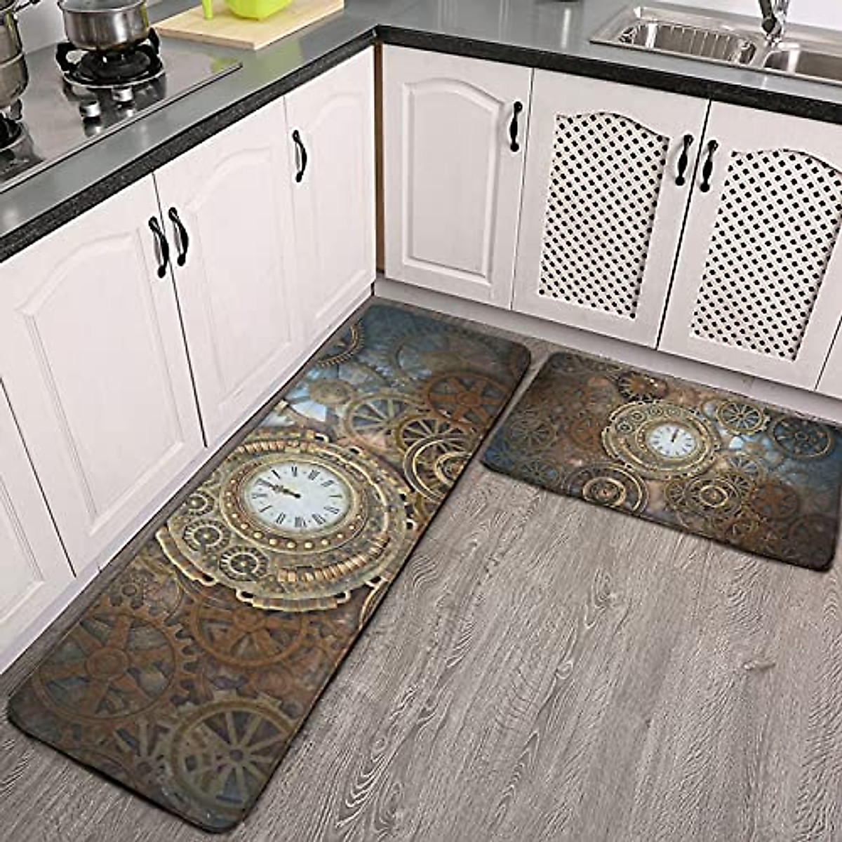 2 Pcs Kitchen Rug Set,Kitchen Mats,Rusty Steampunk Background with Clock & Different Kinds,Soft Washable Non-Slip Super Absorbent Floor Mat for Kitchen Bathroom Laundry, White