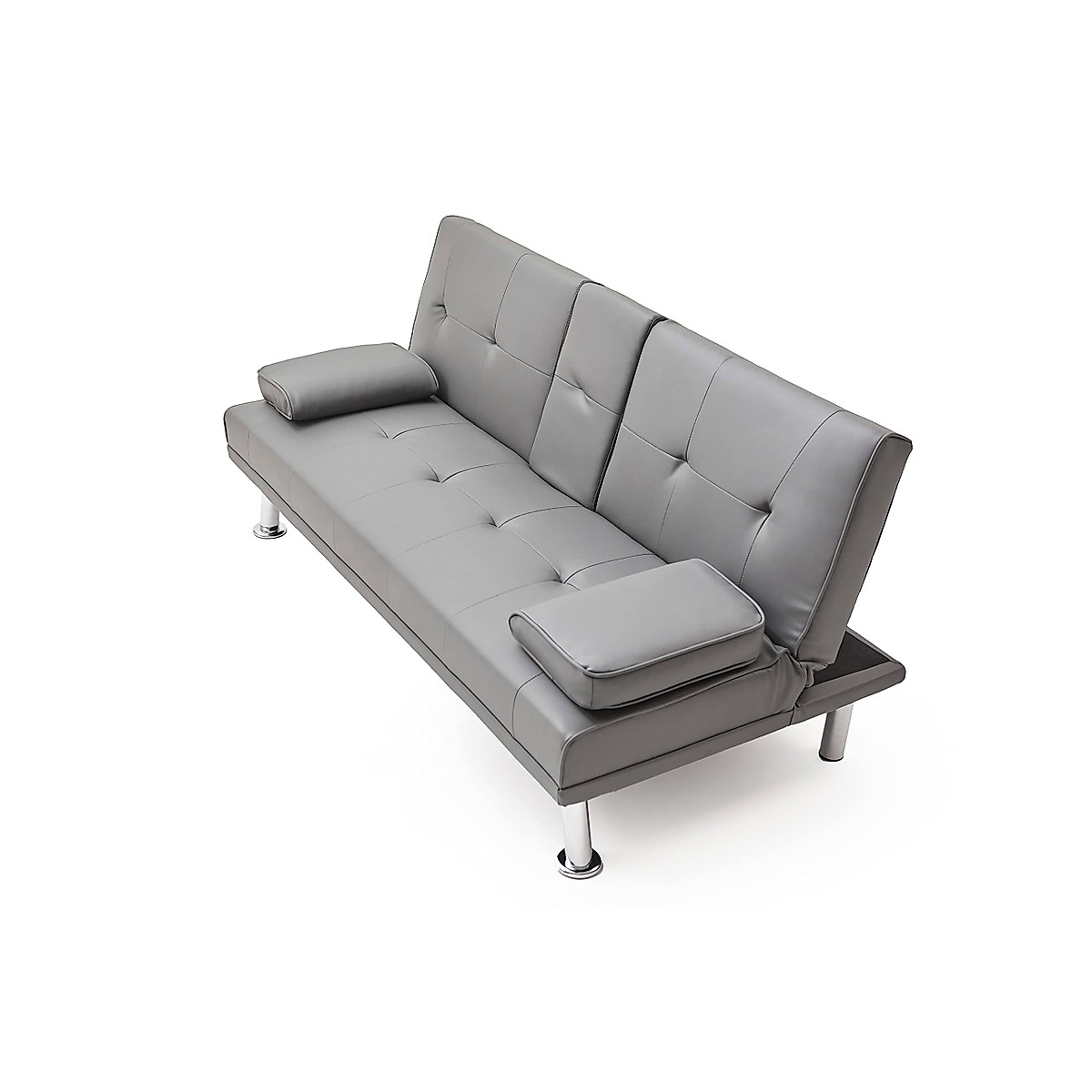 Anwick Futon Sofa Bed Faux Leather Couch Bed Modern Convertible Folding Recliner with 2 Cup Holders and Metal Legs for Living Room Apartment Dorm w/Removable Armrests, (Gray)