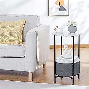 LEMONDA 26" High Marble White Round End Table with Storage,Small 2 Tiers Round Side Table with Basket for Living Room Bedroom,Round Sofa Table Nightstand Bedside Table for Small Spaces