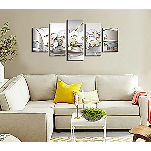 5 Panel Butterfly Orchid Flowers Canvas Print Wall Art Painting Decor for Home Decoration Picture for Bedroom Framed Ready to Hang White Floral Artwork