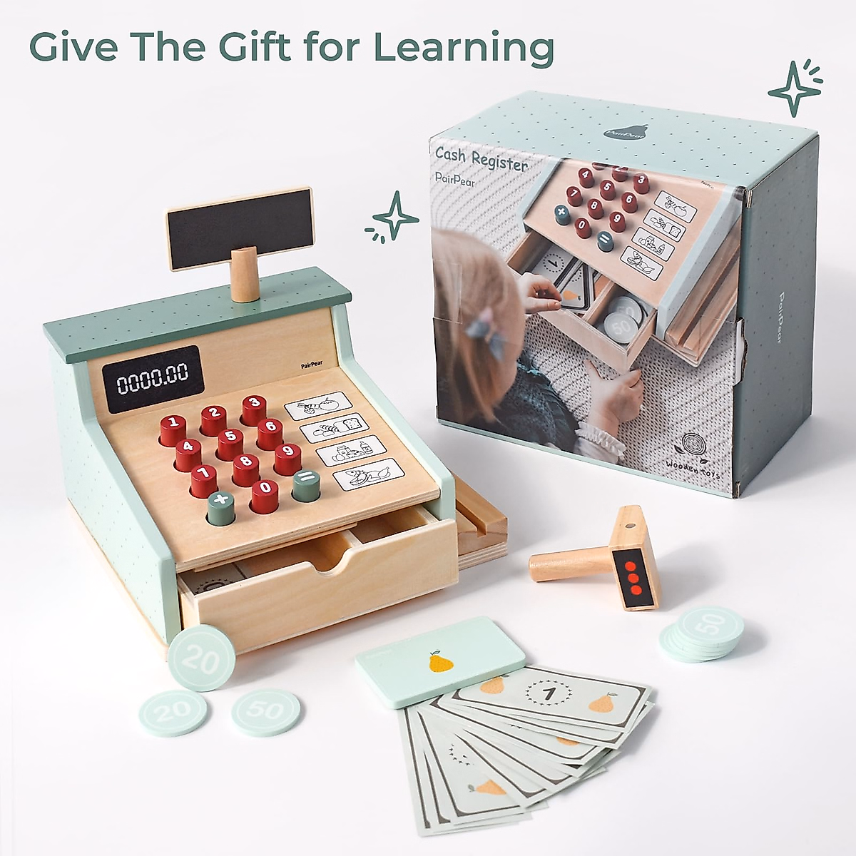 PairPear Wooden Toy Cash Register,Kids Pretend Play Money Counting Toys with Scanner and Credit Card,Toddler Cashier Toy Grocery Play Food Accessory for Pre-School Gift Boys Girls 3+