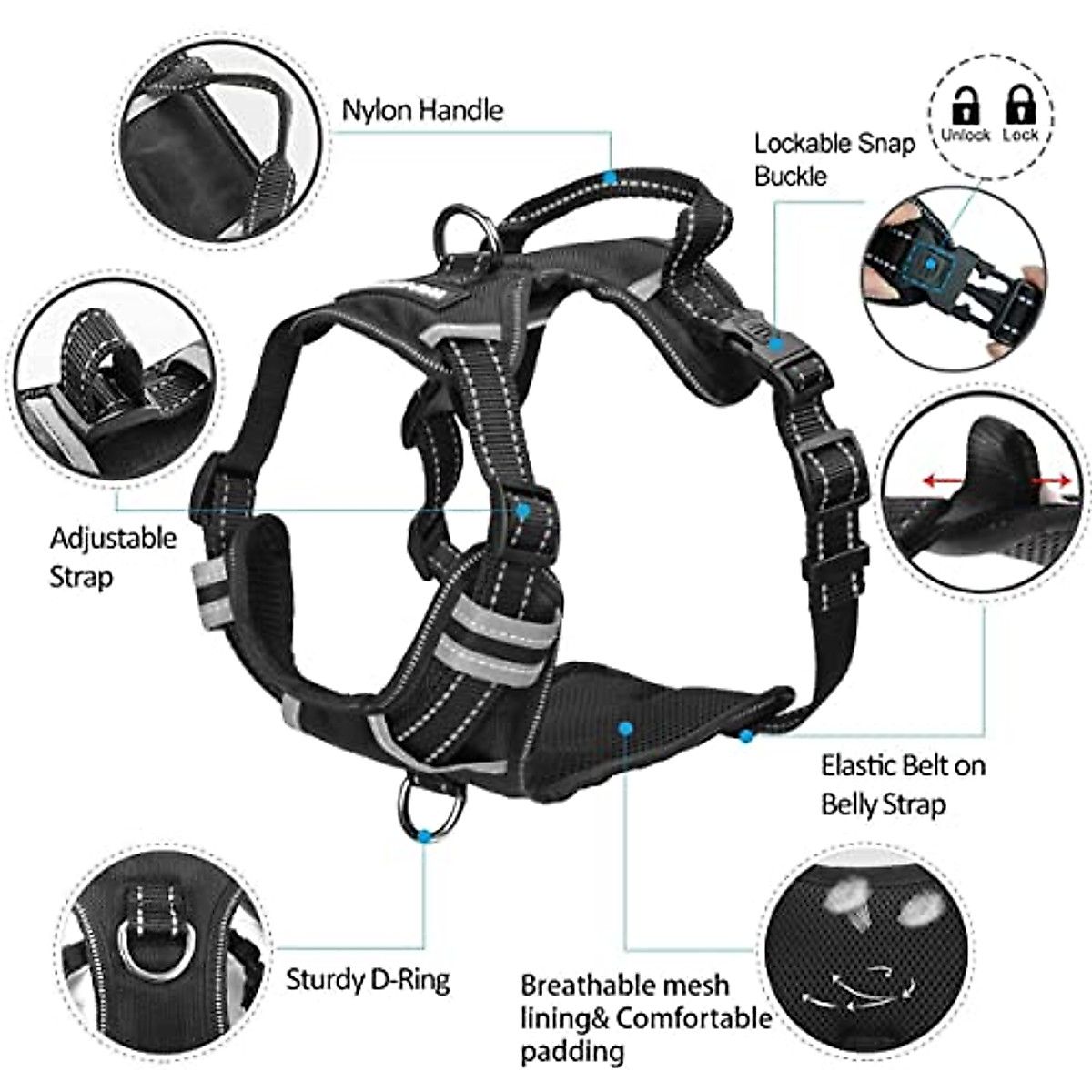 WINSEE Dog Harness No Pull, Pet Harnesses with Dog Collar, Adjustable Reflective Oxford Outdoor Vest, Front/Back Leash Clips for Small, Medium, Large, Extra Large Dogs, Easy Control Handle for Walking