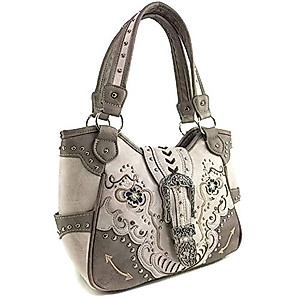Zelris Floral Poppy Buckle Western Women Conceal Carry Tote Handbag Purse Set (Beige Silver)