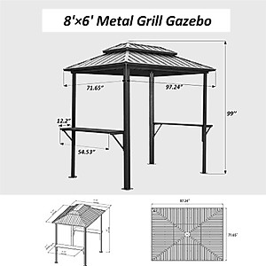 Anraja Grill Gazebo 8x6ft Outdoor BBQ Gazebo Hardtop Canopy Double Roof Aluminum with Shelves Serving Tables for Patio Lawn Deck Backyard and Garden (Grey)