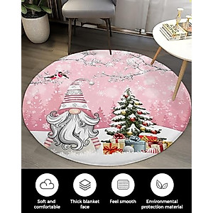 Christmas Gnomes Fluffy Round Area Rug Carpets 4ft, Plush Shaggy Carpet Soft Circular Rugs, Non-Slip Fuzzy Accent Floor Mat for Living Room Bedroom Nursery Home Decor Xmas Snowy Tree Bird Pink