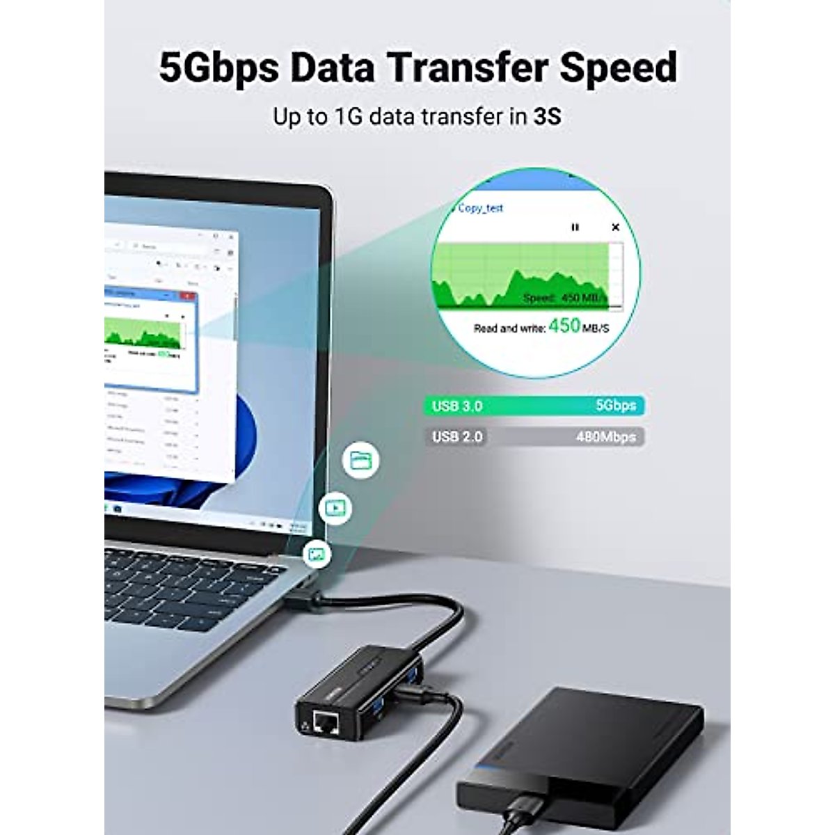 UGREEN USB 3.0 Hub Ethernet Adapter 10 100 1000 Gigabit Network Converter with 3 USB 3.0 Ports Hub Compatible with Laptop PC Nintendo Switch MacBook Mac Mini Surface XPS Windows Linux macOS, and More