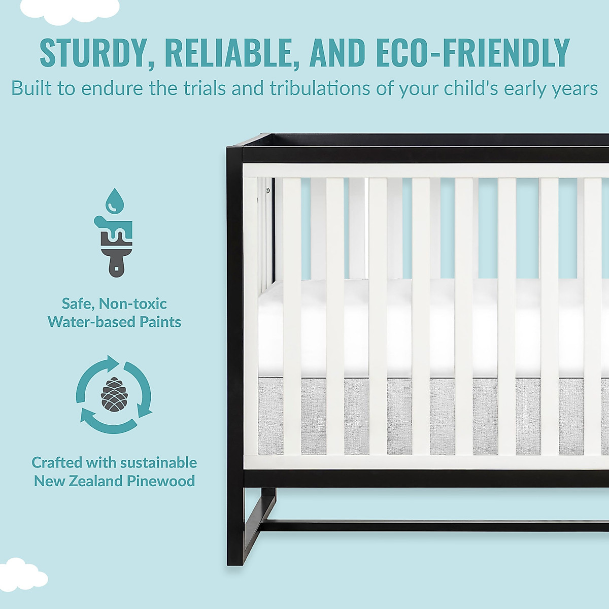 Dream On Me Milo 5-in-1 Convertible Crib and Changing Table with Free Changing Pad in Black and White, 3 Mattress Height Settings, Non-Toxic Finishes, Pinewood