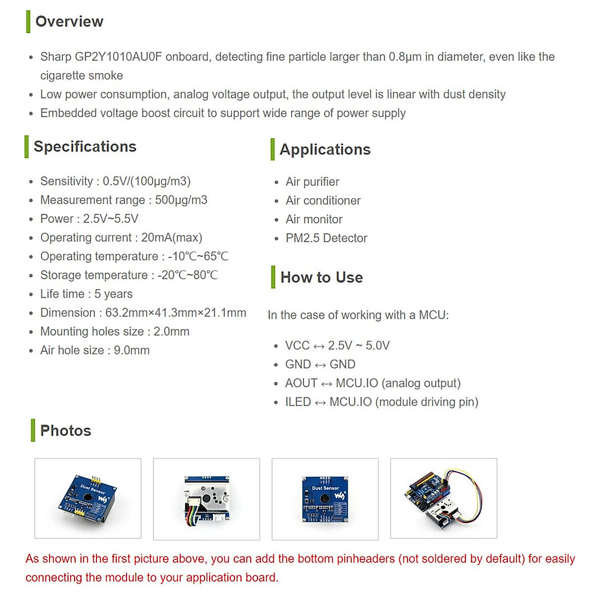 Waveshare Dust Sensor Detector Module with Sharp GP2Y1010AU0F Onboard for Measuring PM2.5 Air Purifier Air Conditioner Monitor