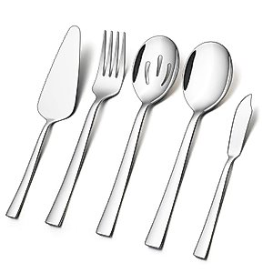 E-far 5-Piece Serving Utensils, Stainless Steel Square Edge Hostess Serving Set for Buffet Party Kitchen Restaurant, Mirror Finished & Dishwasher Safe