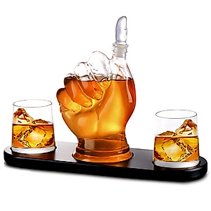Thumbs Up Whiskey Decanter Set - with Two 10 oz Whisky Glasses - on Rich Wood Mahogany Base Tray - Business Gift Set - Whiskey/Wine Dispenser for Liquor, Scotch, Bourbon, Vodka - 32oz - Bezrat