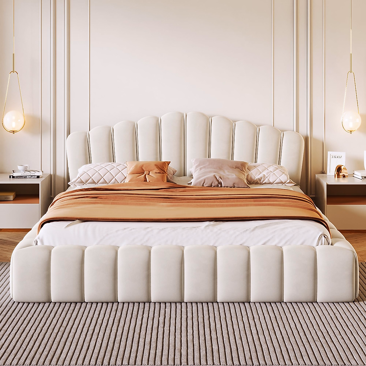 Merax Queen Size Floor Platform Bed Frame,Velvet Upholstered Bedframe with Shell-Shaped Headboard and Cushioning All Around Guards for Bedroom,No Box Spring Needed,Beige