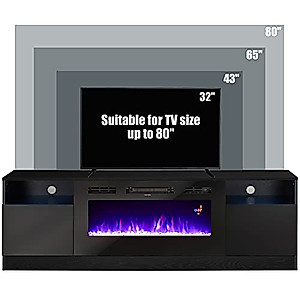 Amerlife Fireplace TV Stand with 36" Electric Fireplace, LED Light Entertainment Center, Modern Wood Texture Entertainment Stand with Highlight Storage Cabinet for TVs Up to 80", 70 inches, Black