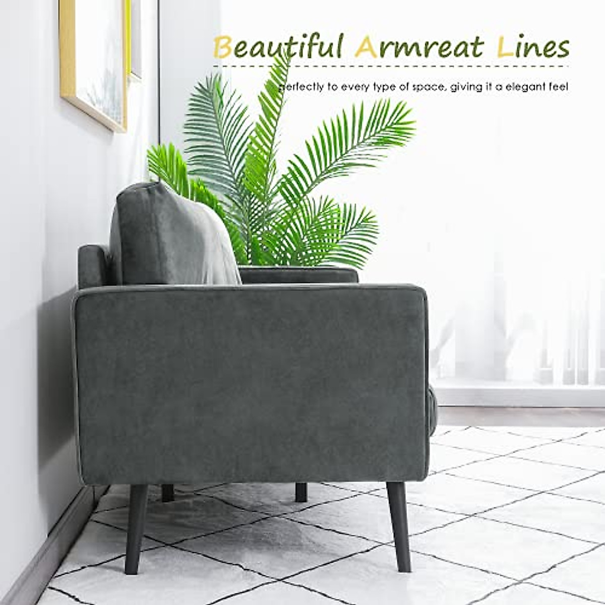 Vonanda Velvet Sofa Couch, Mid Century Modern Craftsmanship 73 inch 3-Seater Sofa with High-Density Sponge Comfy Soft Cushions and 2 Bolster Pillows for Compact Living Room, Grey