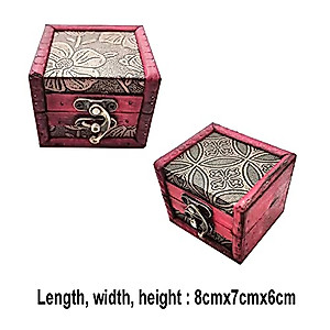 Markeny Jewelry Box Vintage Handmade Box with Mini Metal Lock, 4 Styles Pattern Wooden Rings Case Box, Square