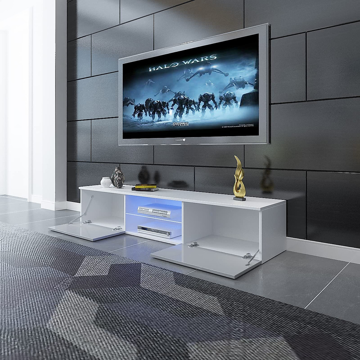 COSVALVE TV Stand for Living Room with LED & Grey Doors, Modern Television Stands for 70 Inch TV, High Gloss Entertainment Center with Storage, Media Console Table with Display Shelves