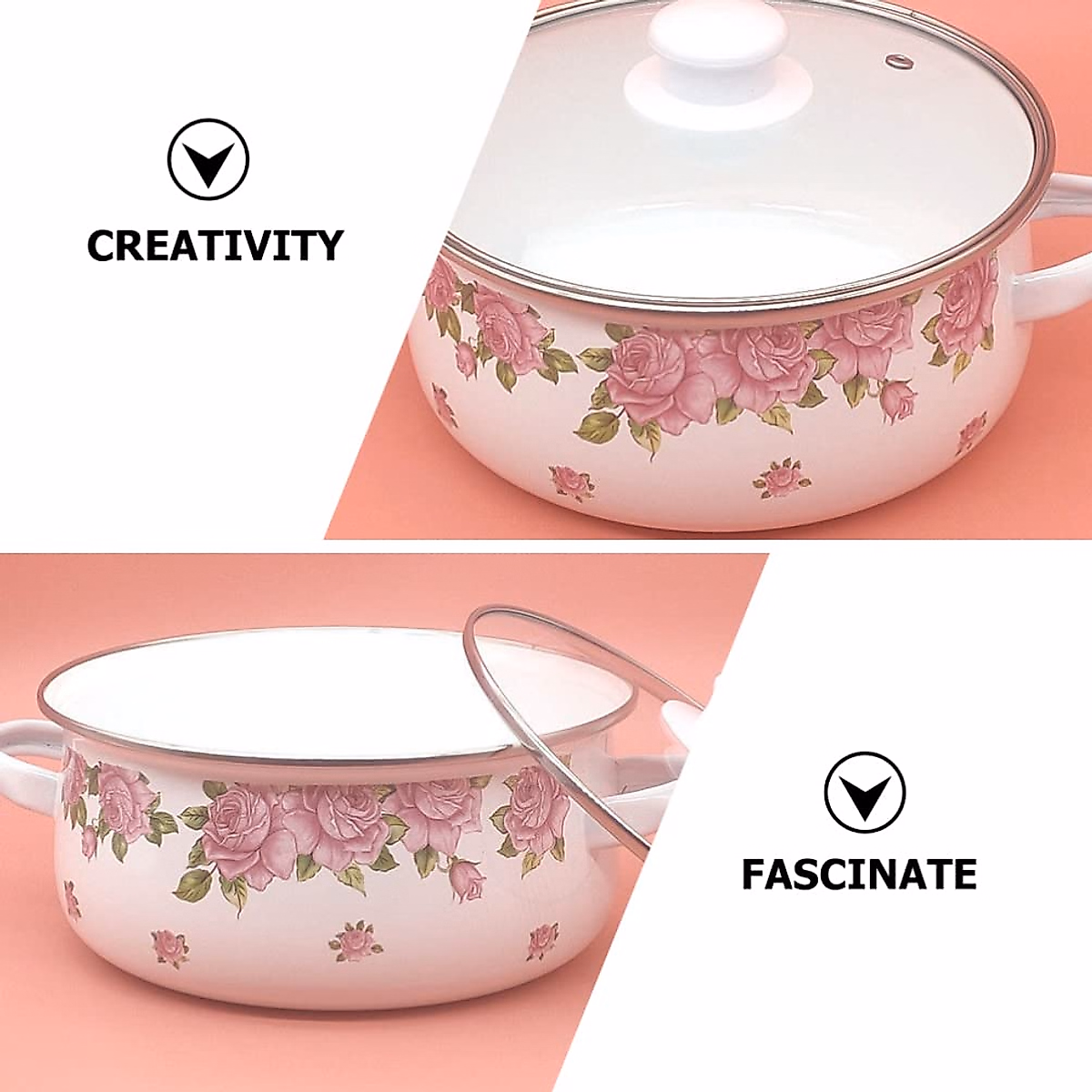 CALLARON 1 Set Enamel Stockpot with Lid Vintage Floral Enamel on Steel Cooking Pot Enamelware Stew Nonstick Soup Pot Stove Cookware for Home Kitchen Restaurant Pink 1.5L