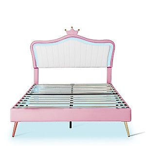CKLMMC Cute Queen Size Upholstered Princess Bed with Crown Headboard, Modern Upholstered Bed Frame with LED Lights, No Box Spring Required (White+Pink/Princess1)